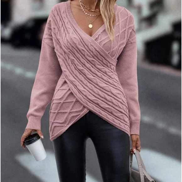 Delilah Wear | Sweaters | New V Neck Pink Crossover Cable Knit Sweater ...